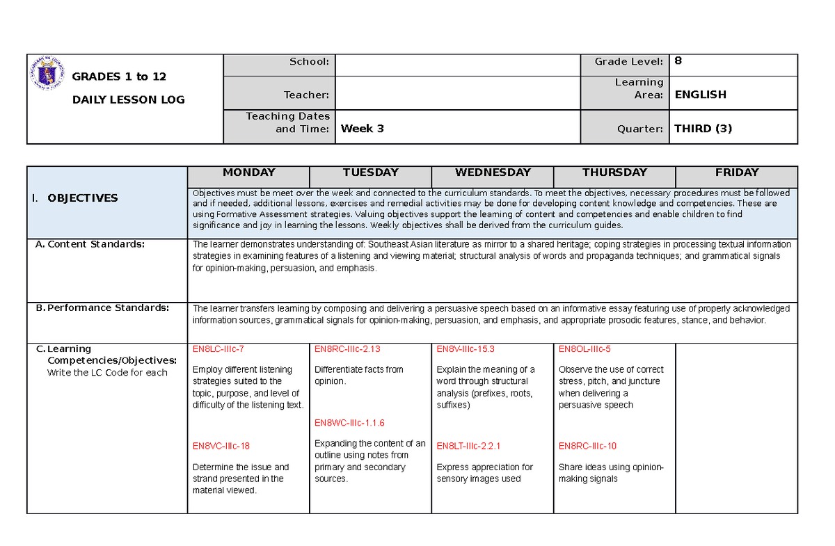DAILY LESSON LOG ENGLISH EIGHT - GRADES 1 to 12 DAILY LESSON LOG School ...