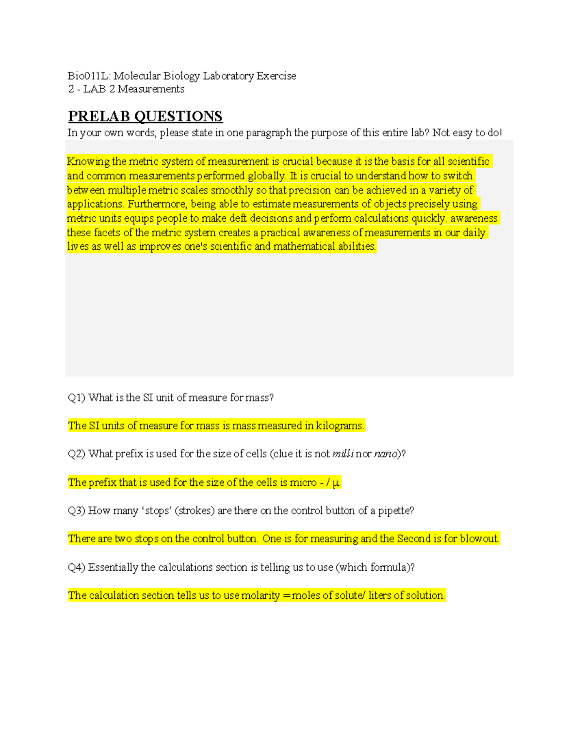 Bio011L: Lab 2 Pre-lab Questions and Measurements Overview - Studocu