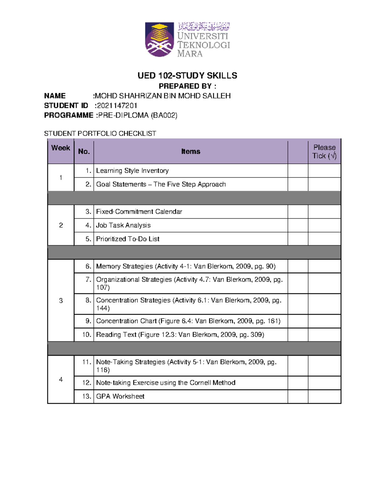 UED 102 Assignment: Study Skills Portfolio by Mohd Shahrizan 2021147201 - Studocu