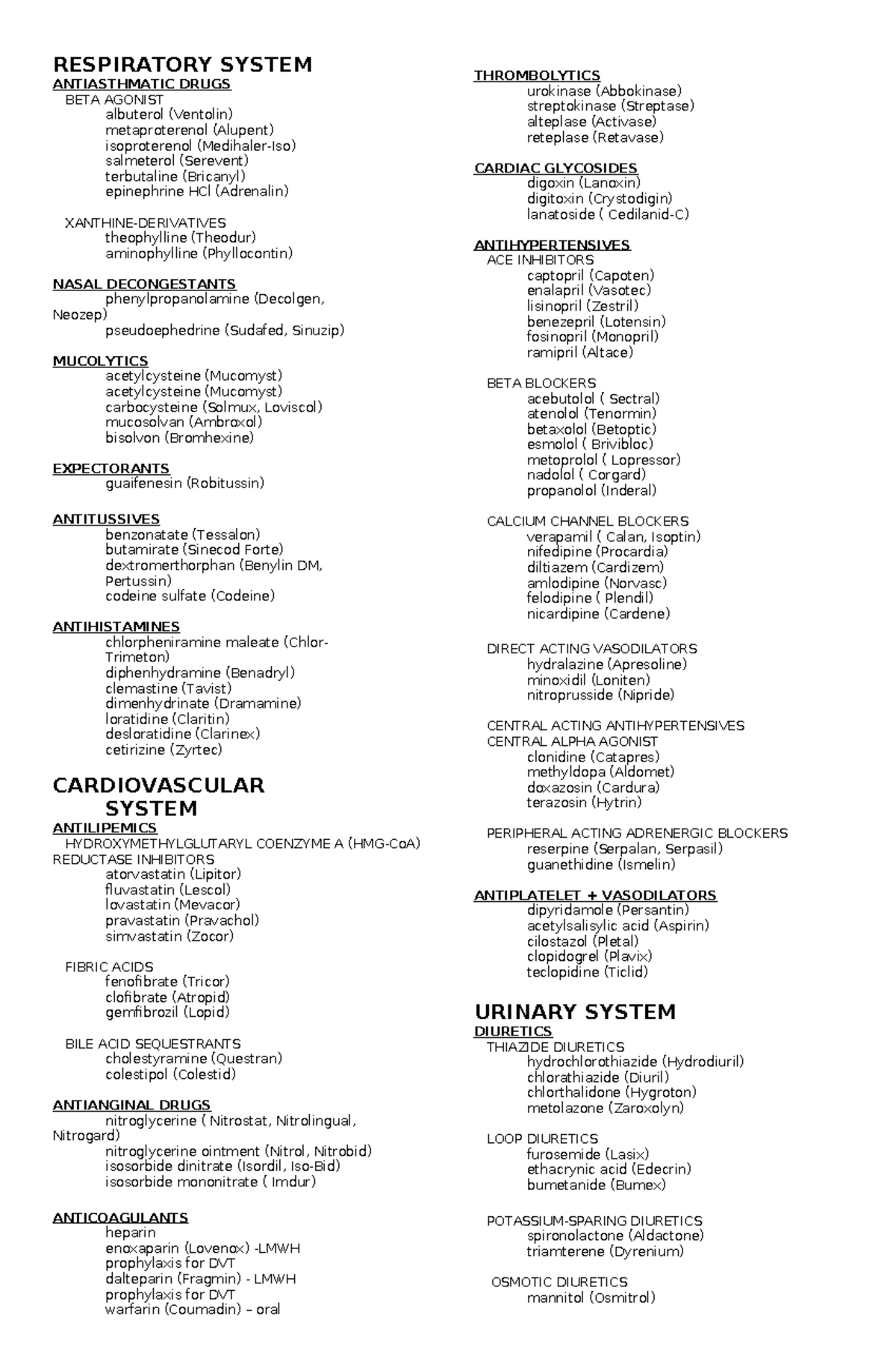 Pharma Drug Lists - Cram Sheet for Pharmacology (PHAR 101) - Studocu