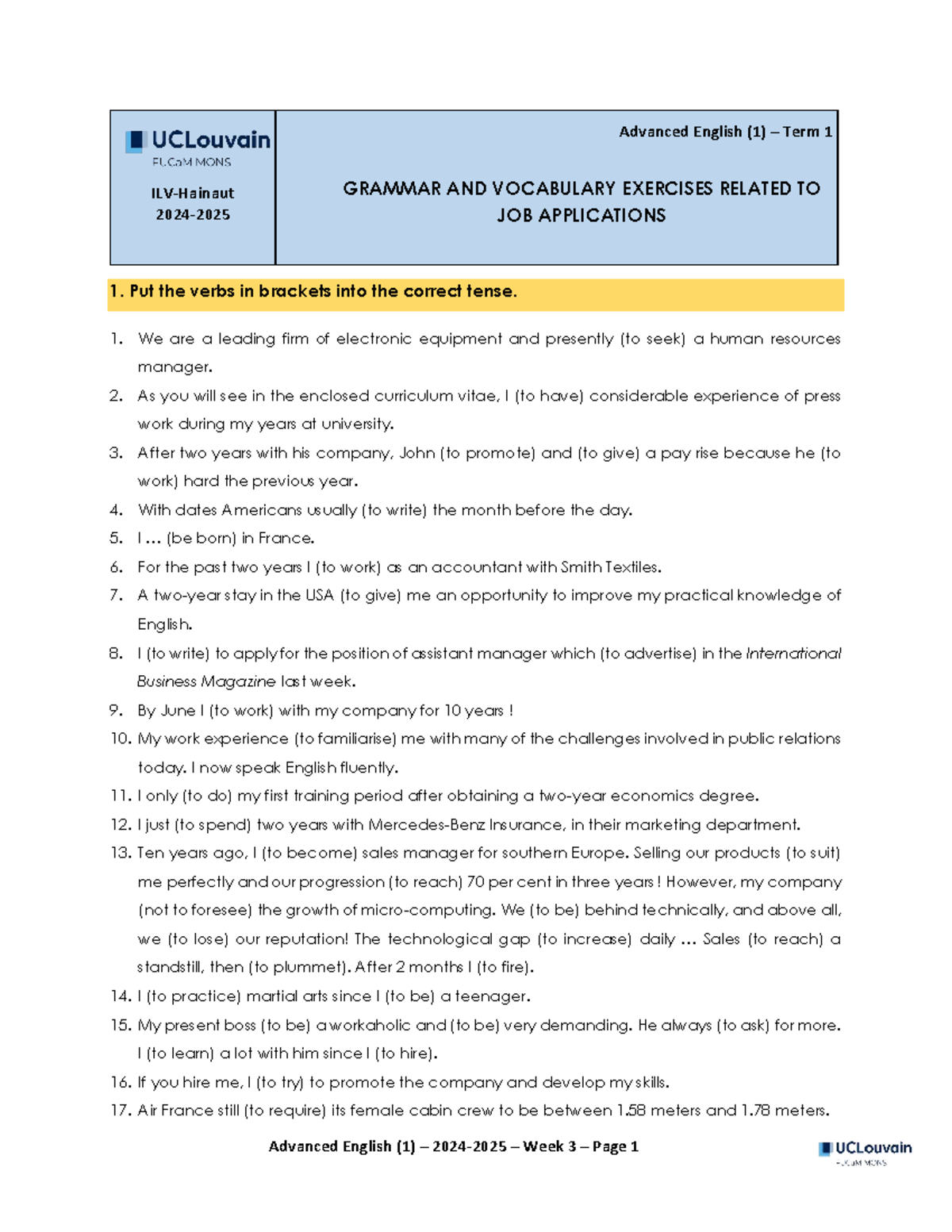 Advanced English (1) Term 1 Grammar & Vocabulary for Job Applications ...