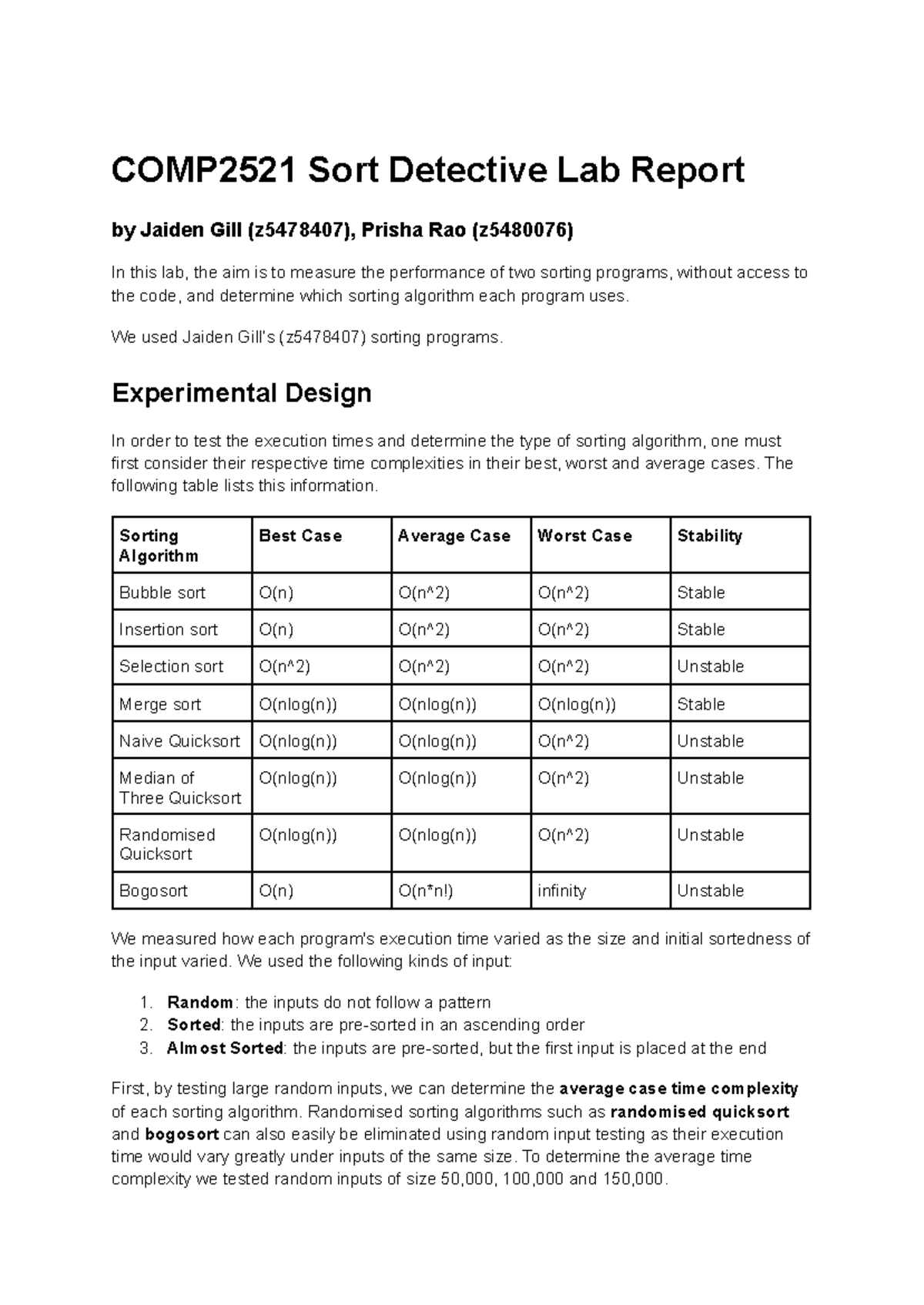 Report - COMP2521 Sort Detective Lab Report by Jaiden Gill (z5478407 ...