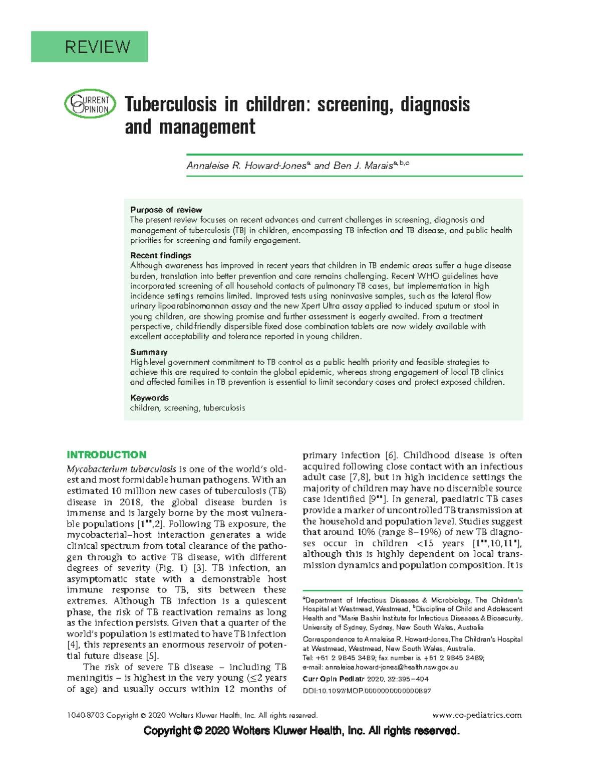 Curr Opin Pediatr 2020: Advances in Pediatric Tuberculosis Management ...