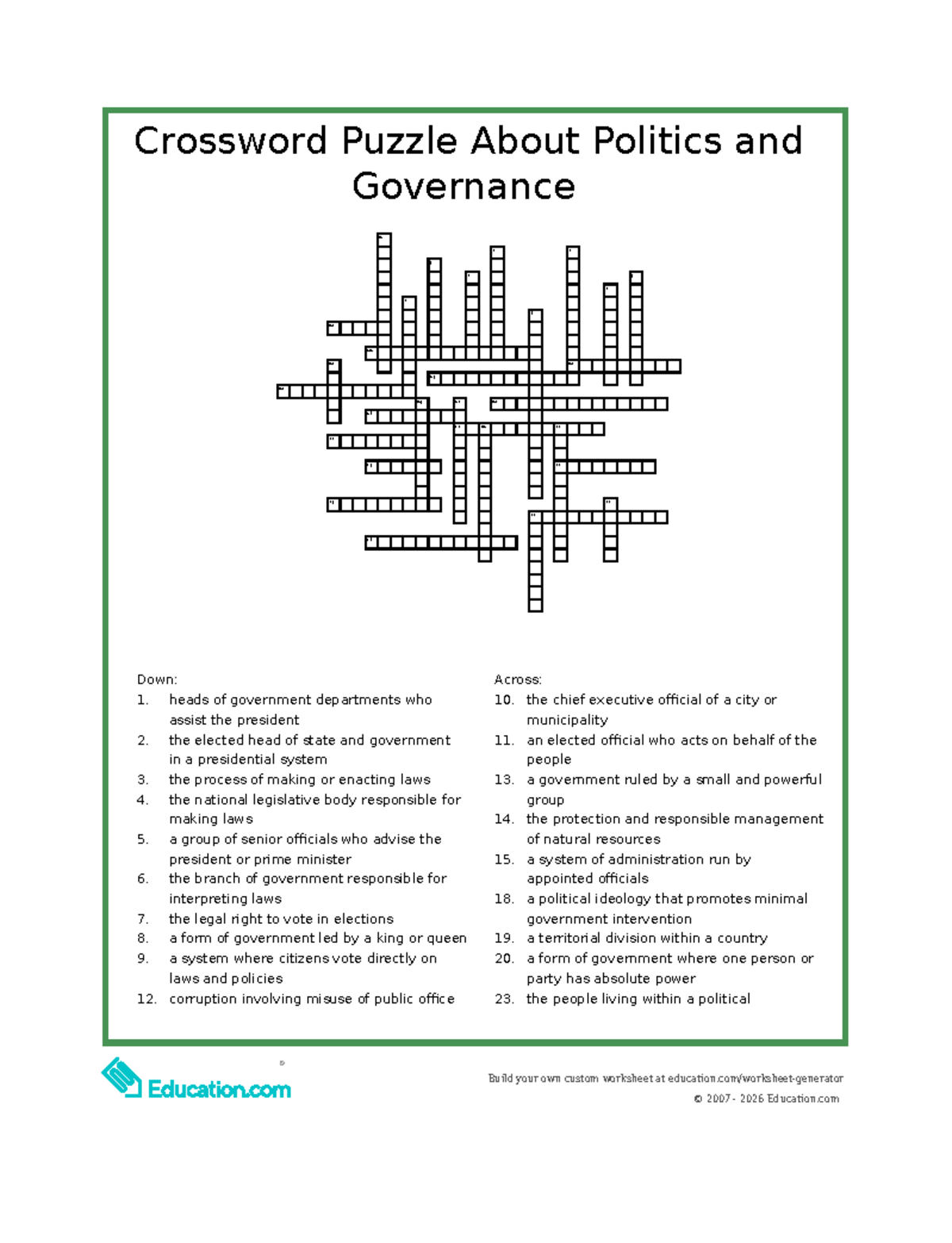 Crossword Puzzle on Politics & Governance: Key Terms and Concepts - Studocu