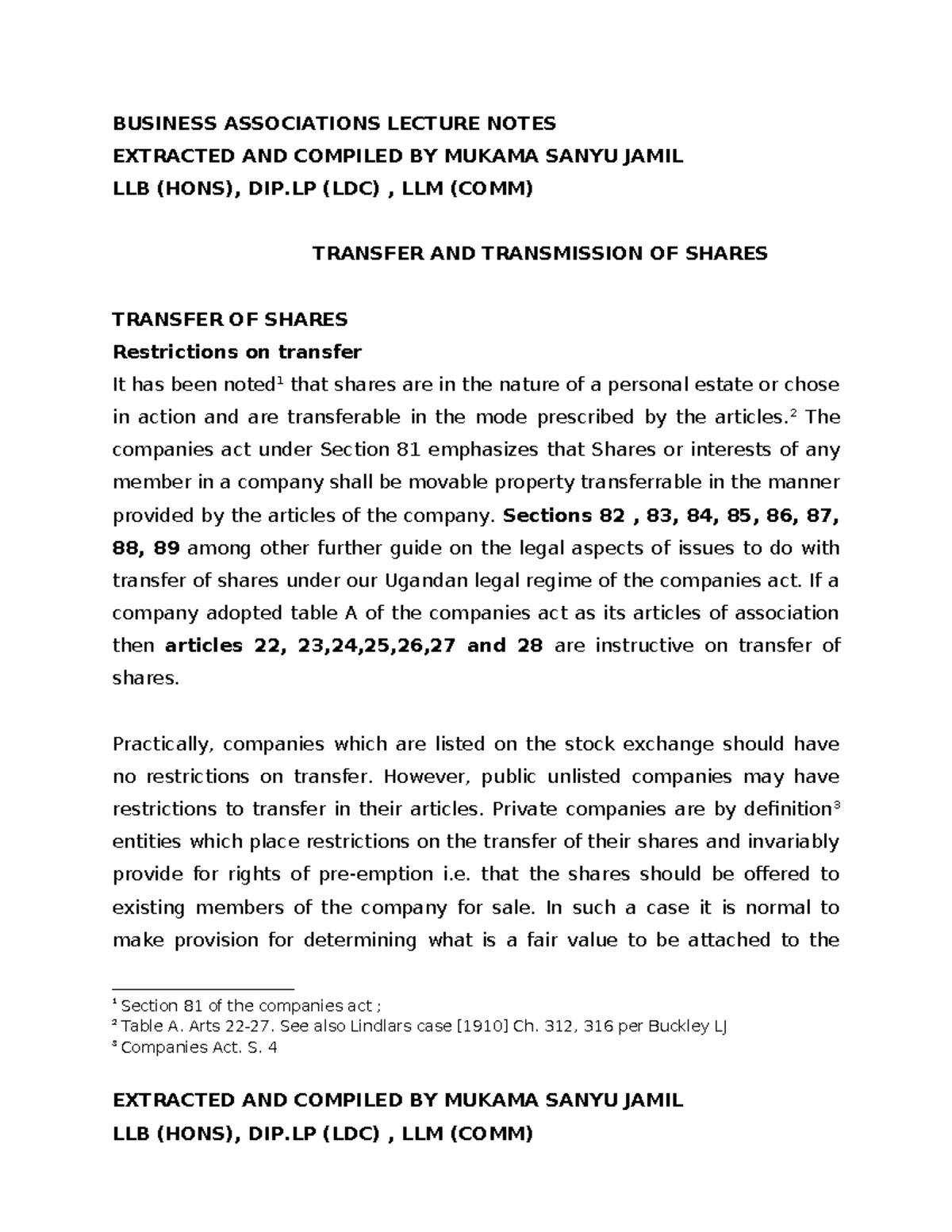 BUSINESS ASSOCIATIONS LECTURE NOTES: TRANSFER OF SHARES (LLB) - Studocu