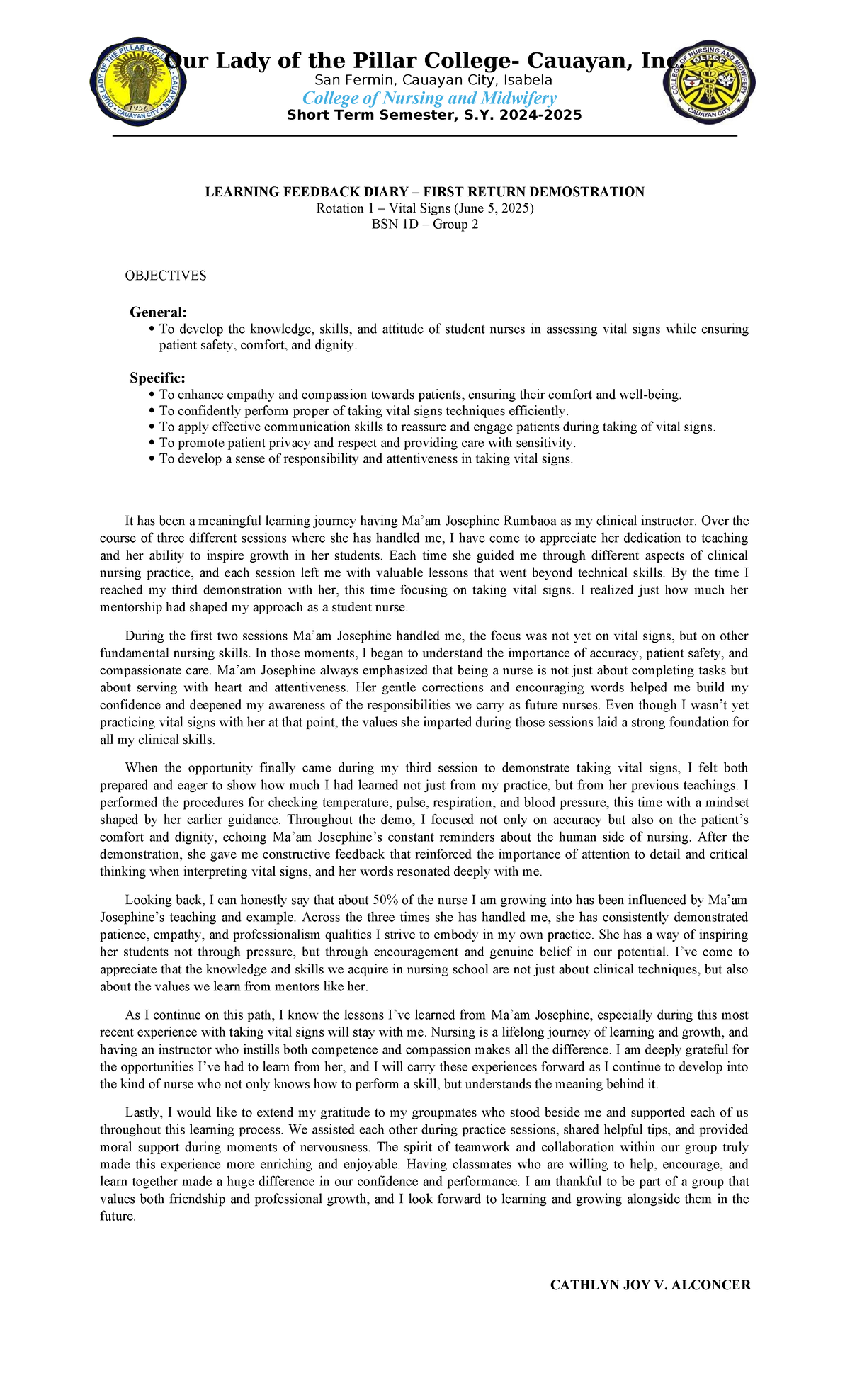 CATH LFD - Vital Signs - example - CATHLYN JOY V. ALCONCER Our Lady of ...