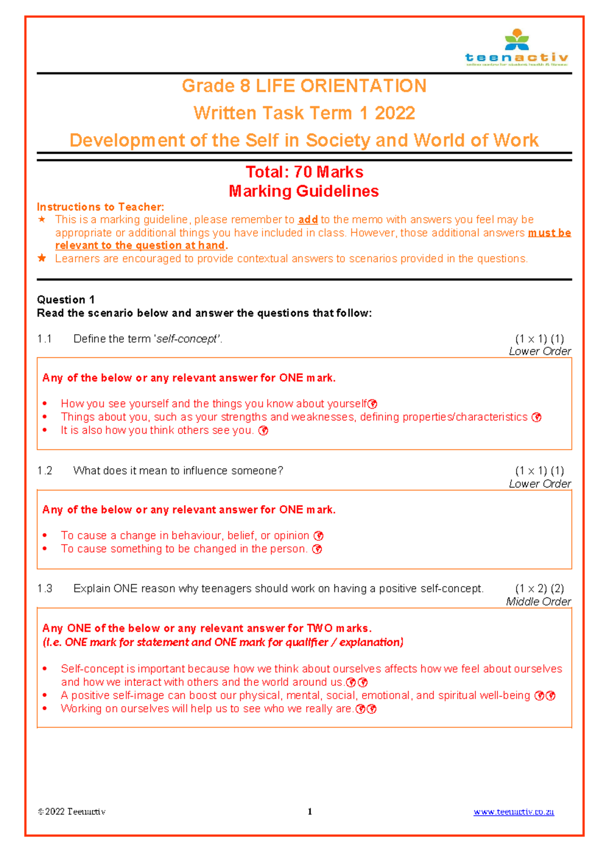Grade 8 Life Orientation Written Task Memo (2022): Self-Concept ...