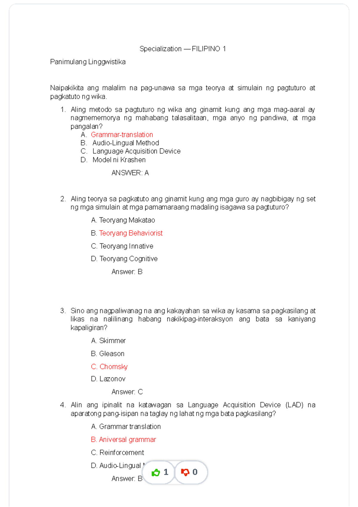 Pre-board Exam 1: FILIPINO 1 - Pagtuturo at Pagkatuto ng Wika - Studocu