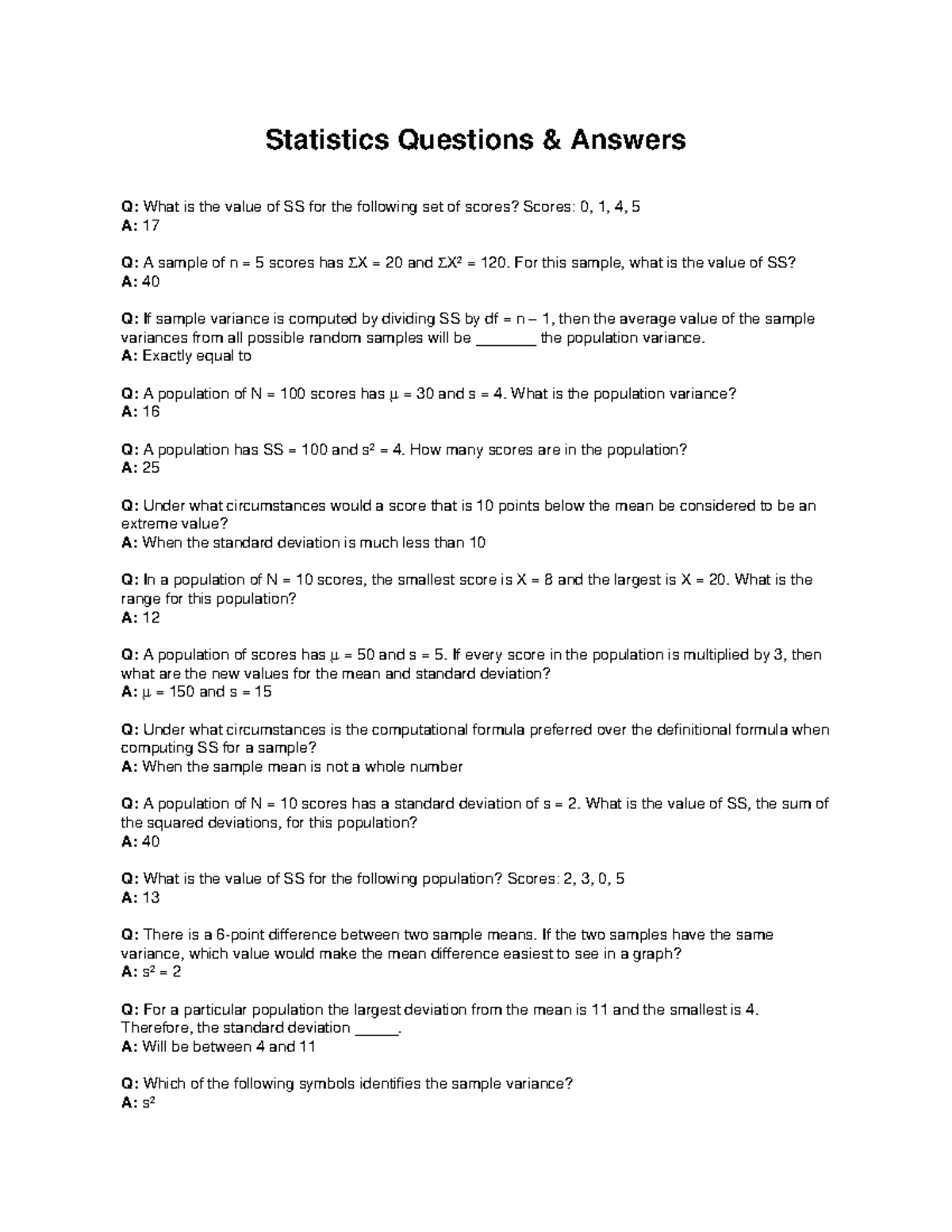 Statistics Q&A: Sample Variance, SD & SS Calculations (STAT 101) - Studocu