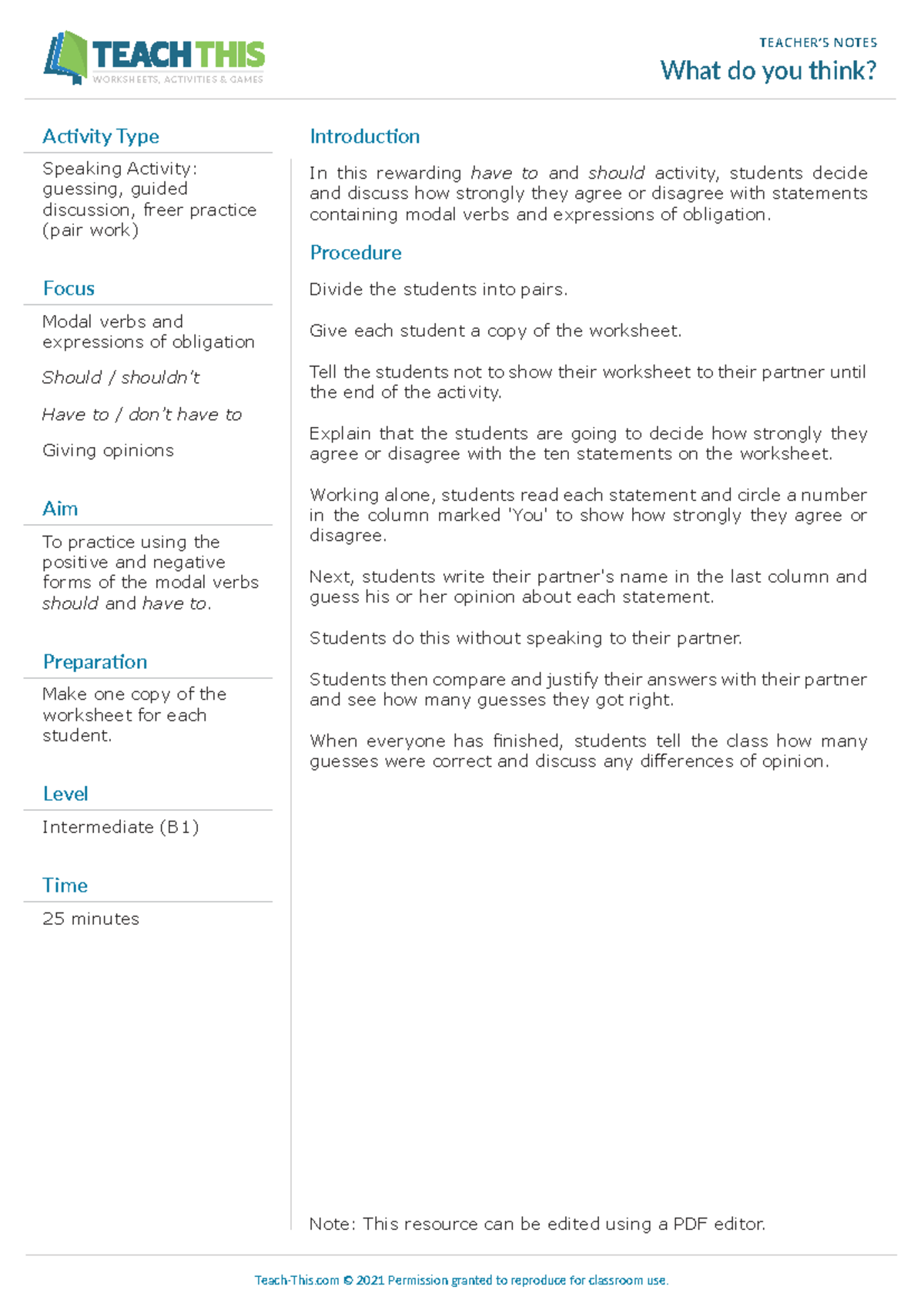 Modals of Obligation Activity Notes (Intermediate B1) - Studocu