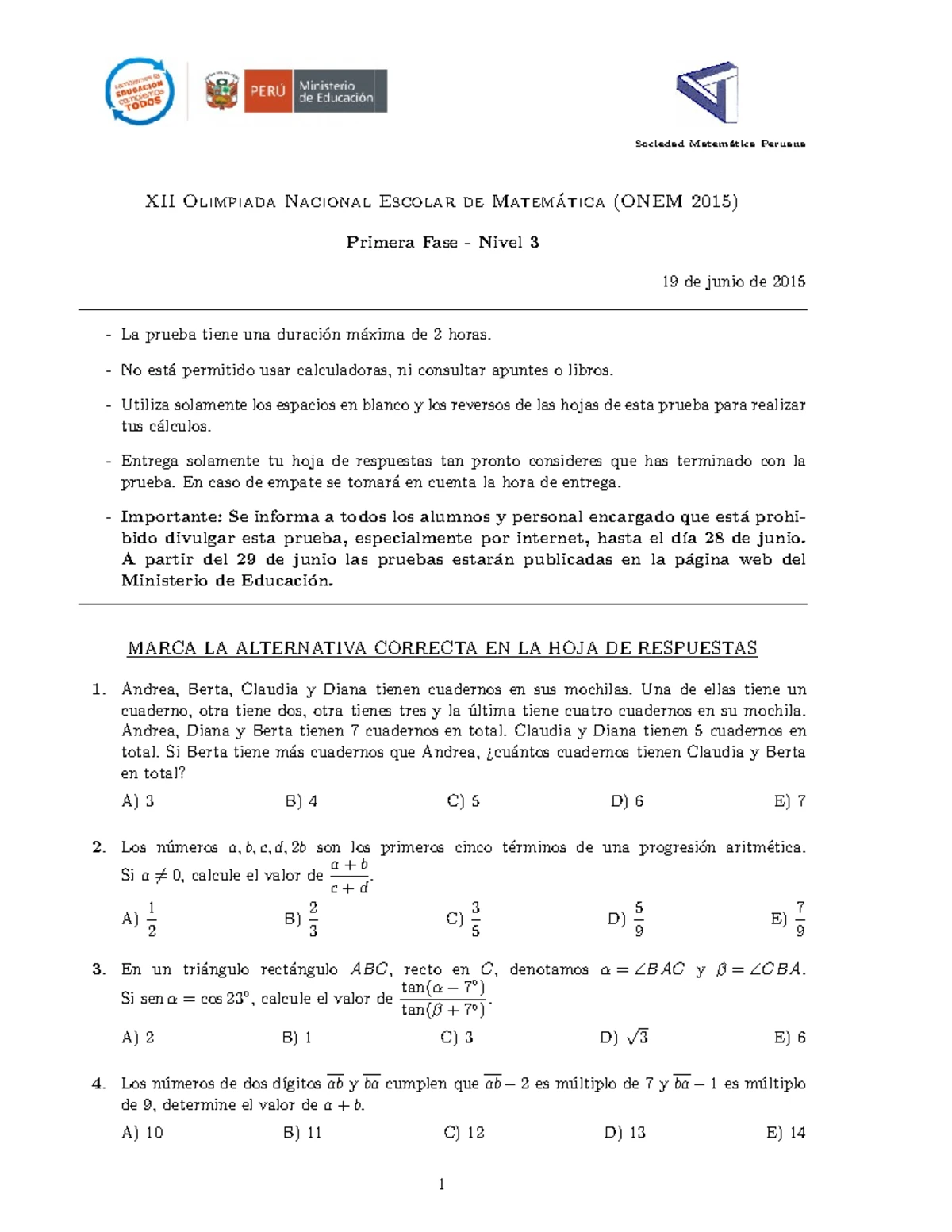 ONEM 2018 - Primera Fase Nivel 3: Prueba de Matemáticas - Studocu
