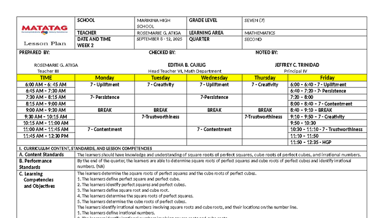Quarter 2 Week 2 Lesson Plan: Grade 7 Mathematics - Studocu
