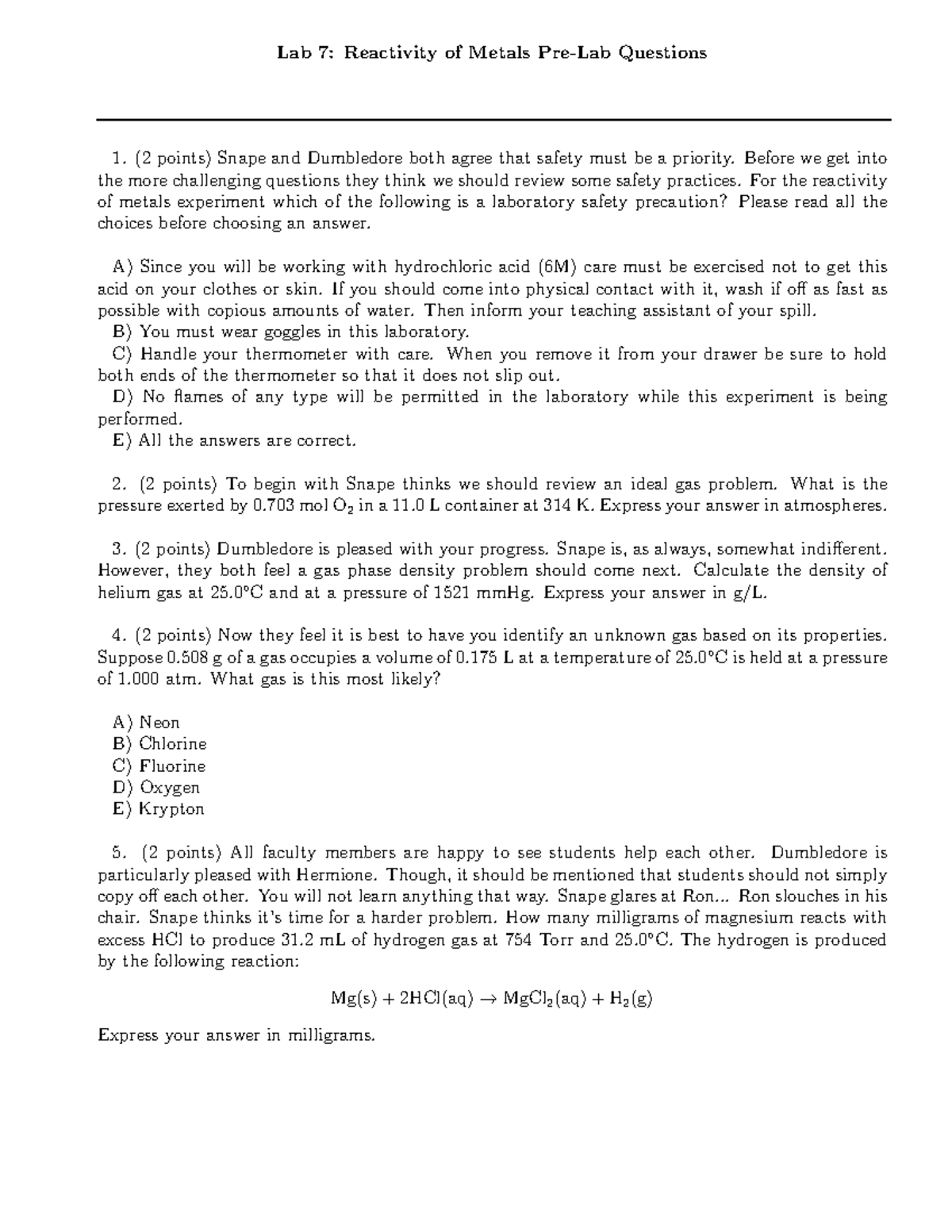 Lab 7: Reactivity of Metals - Pre-Lab Safety & Gas Calculations - Studocu