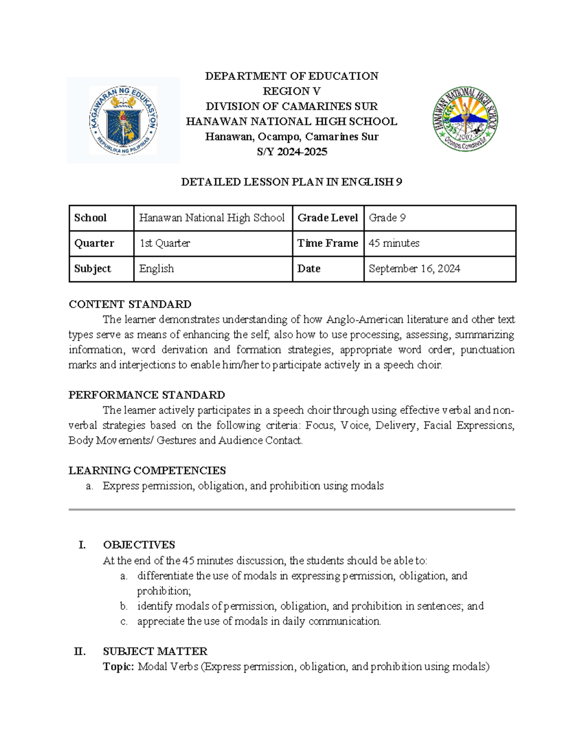 Detailed Lesson Plan: Modals in English 9-1 (1st Quarter) - Studocu