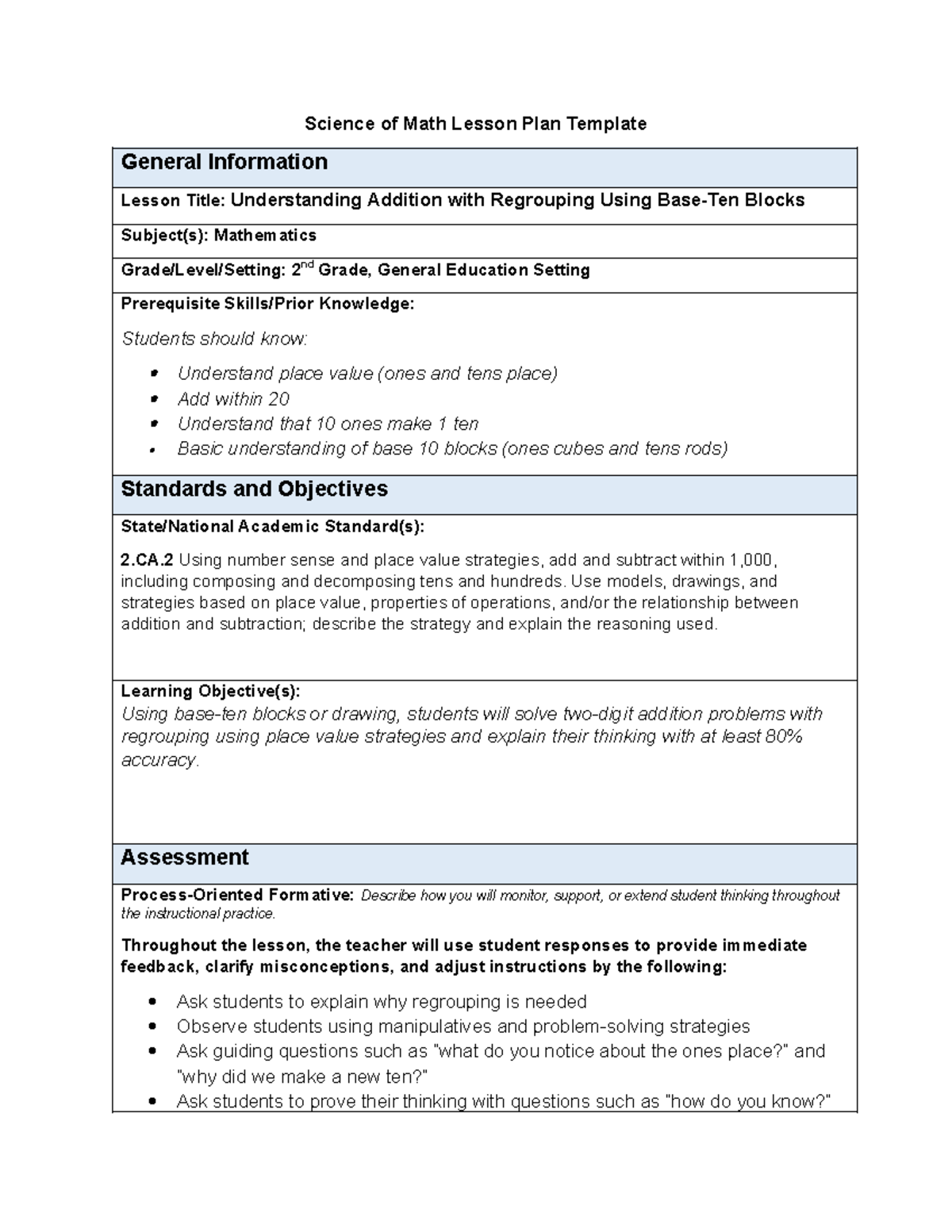 D693 Final Exam Lesson Plan: Understanding Addition with Regrouping ...