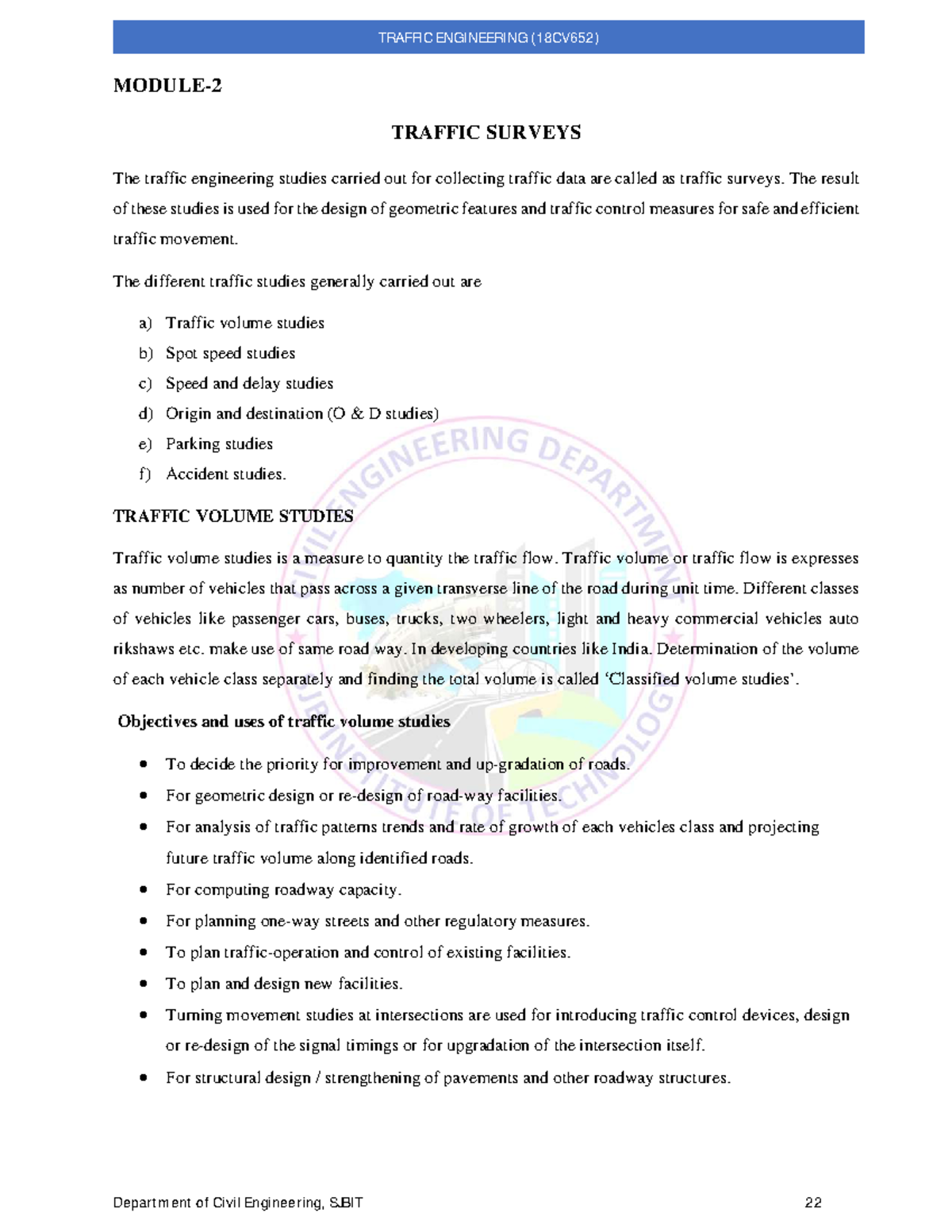 Traffic Engineering (18CV652) - Comprehensive Guide to Traffic Surveys ...