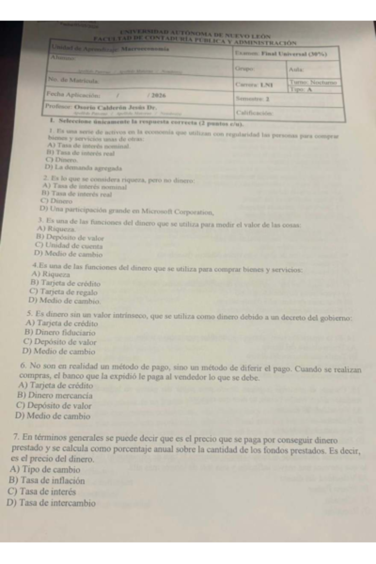 Examen Final de Macroeconomía LNI - Universidad Autónoma de Nuevo León ...