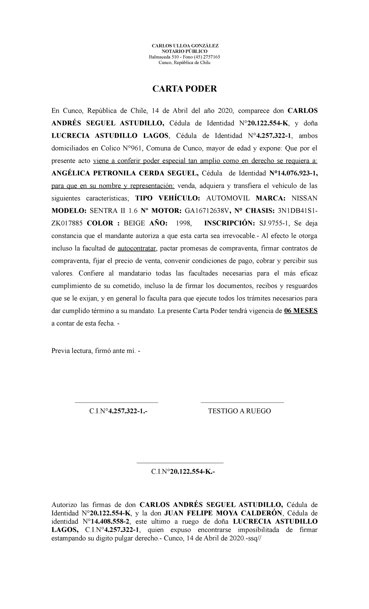 Carta Poder para Venta de Vehículo - Testigo a Ruego - Studocu
