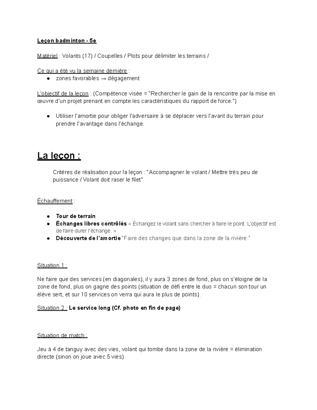 Leçon de Badminton 5e : Stratégies et Exercices Pratiques - Studocu