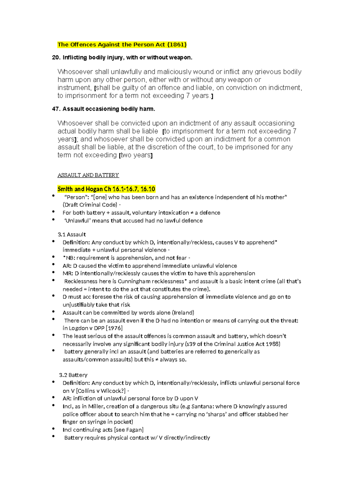 Non-Fatal Offences Against the Person Act (1861) - Study Notes - Studocu