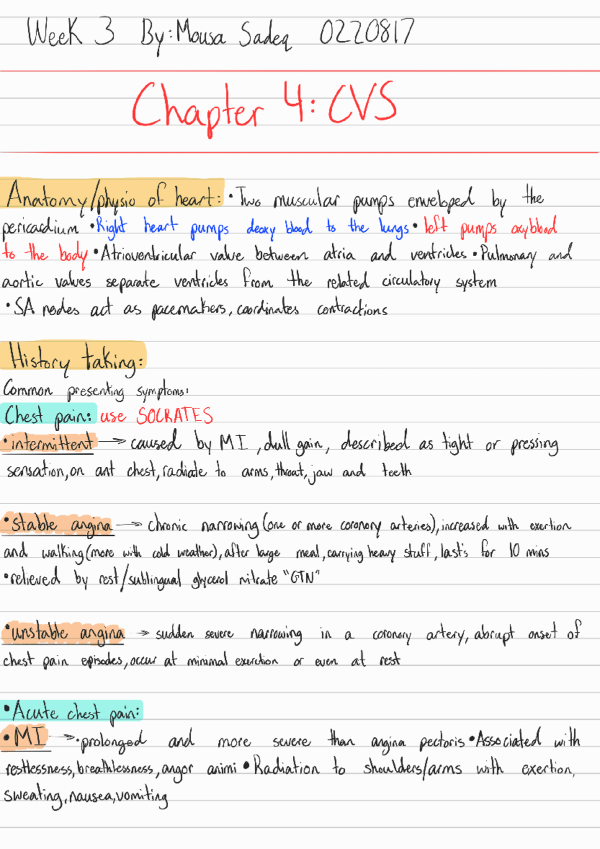 Week 3: CVS Overview - Heart Function & Common Symptoms (0220817) - Studocu