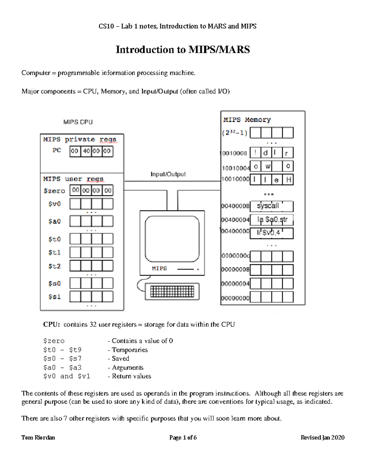 CS10 Lab 1 Notes: Introduction to MARS and MIPS Architecture - Studocu