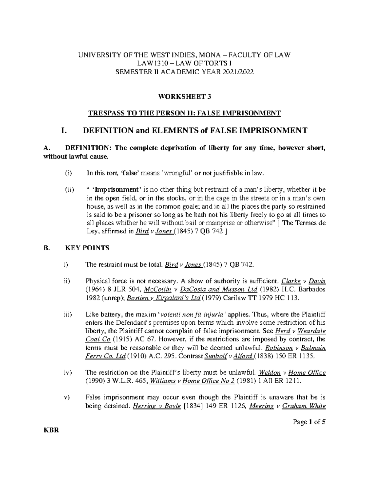 Tort I Worksheet 3 - False Imprisonment (elements and cases) - Law of ...