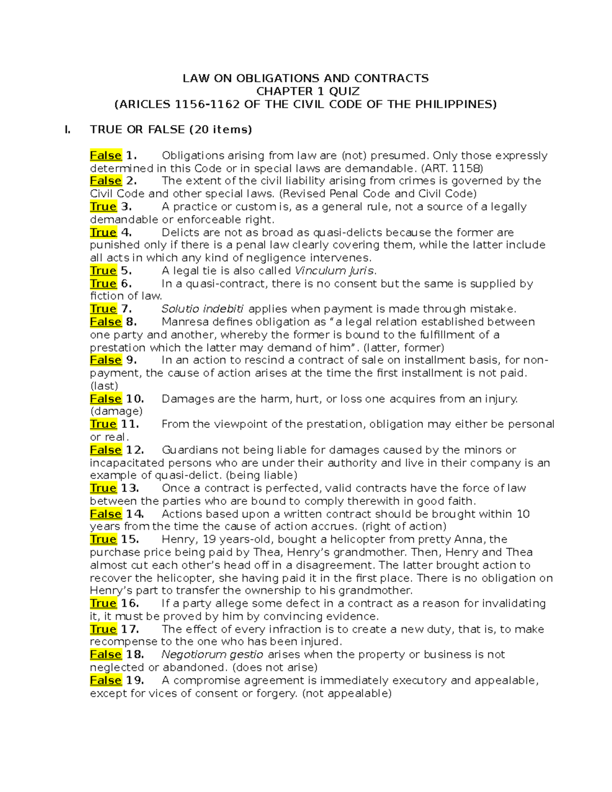 LAW ON Obligations AND Contracts QUIZ (CIVIL CODE, ART. 1156-1162 ...