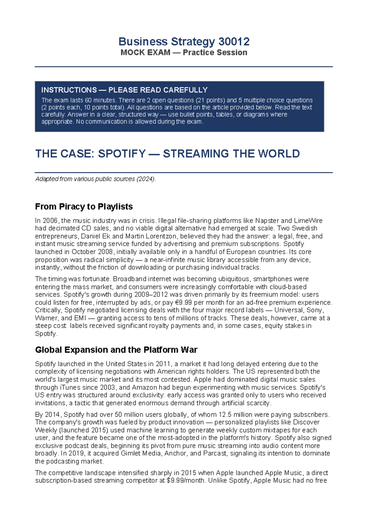 Business Strategy 30012 MOCK EXAM: Spotify Case Study Insights - Studocu