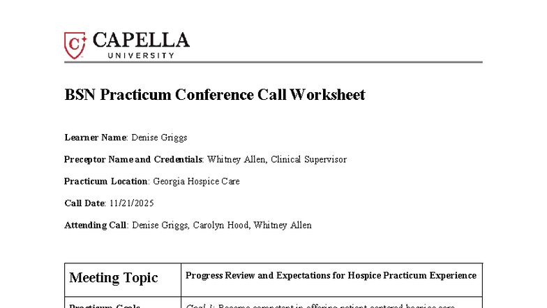NURS-FPX 4065 Practicum Conference Call Worksheet - Denise Griggs - Studocu