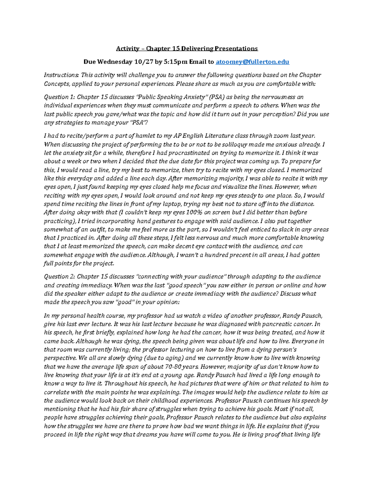 Activity Chapter 15 HCOM100 - Activity – Chapter 15 Delivering ...