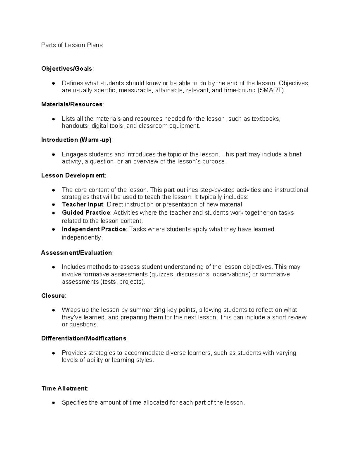 Comprehensive Overview of Lesson Plan Components - Studocu