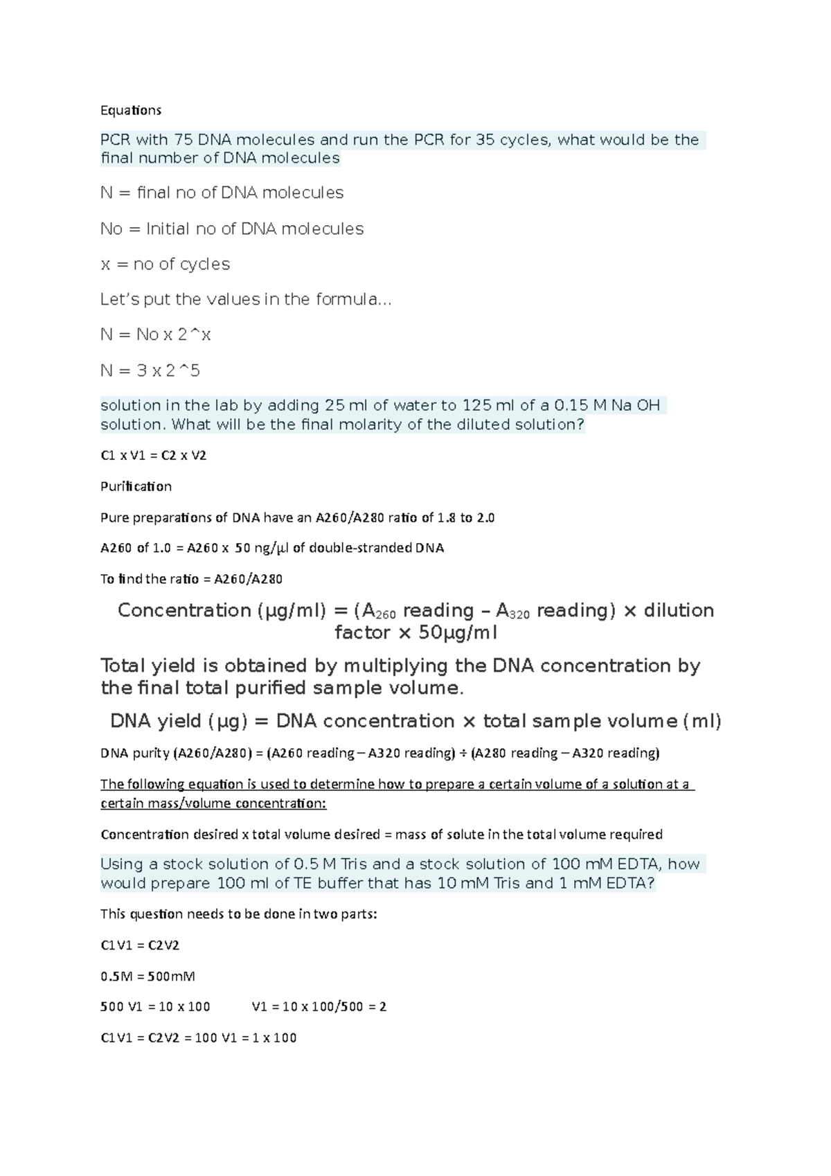 Lab Calculations for PCR and Solutions - Key Questions and Solutions ...