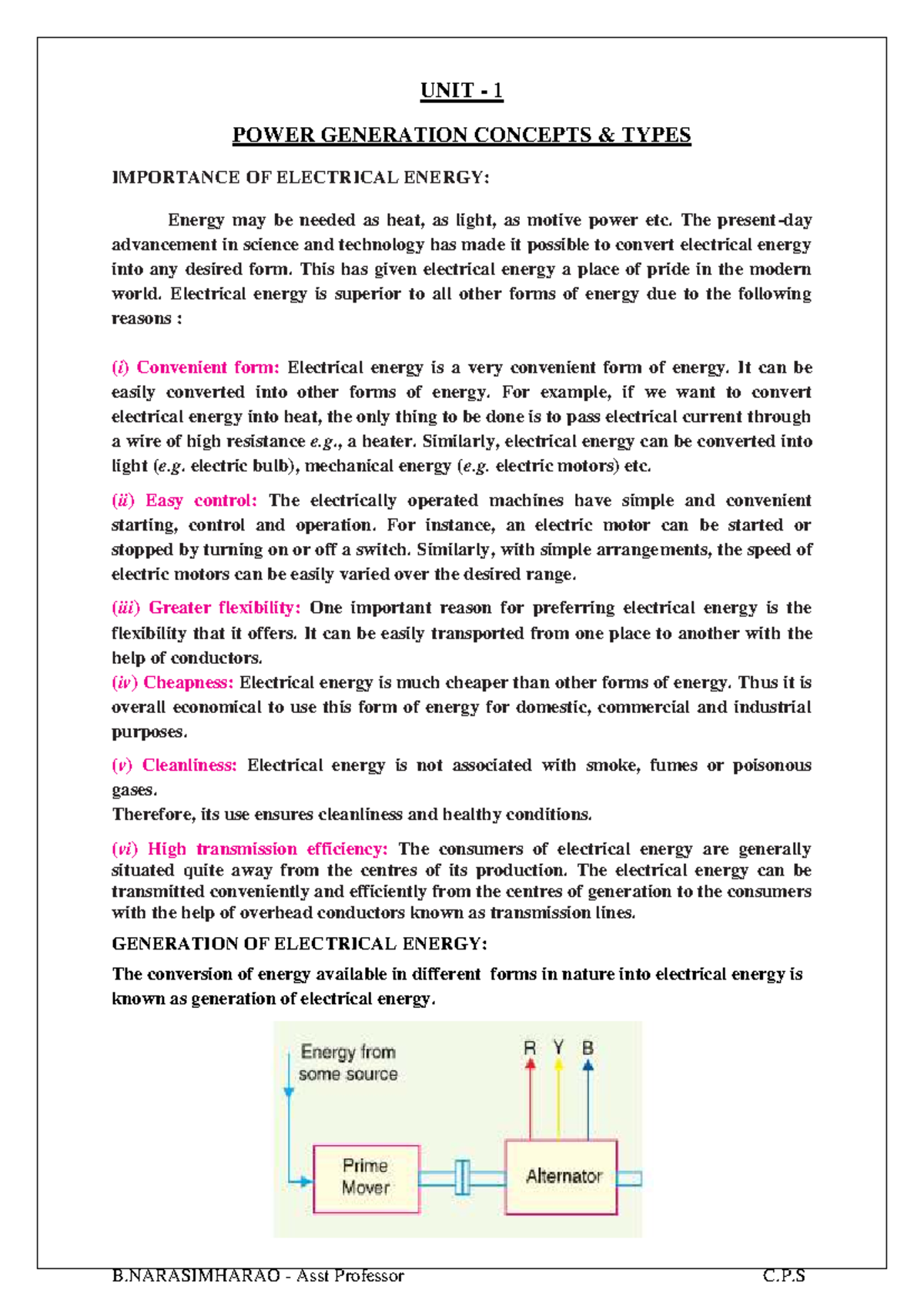 CPS - Unit 1: Power Generation Concepts and Electrical Energy ...