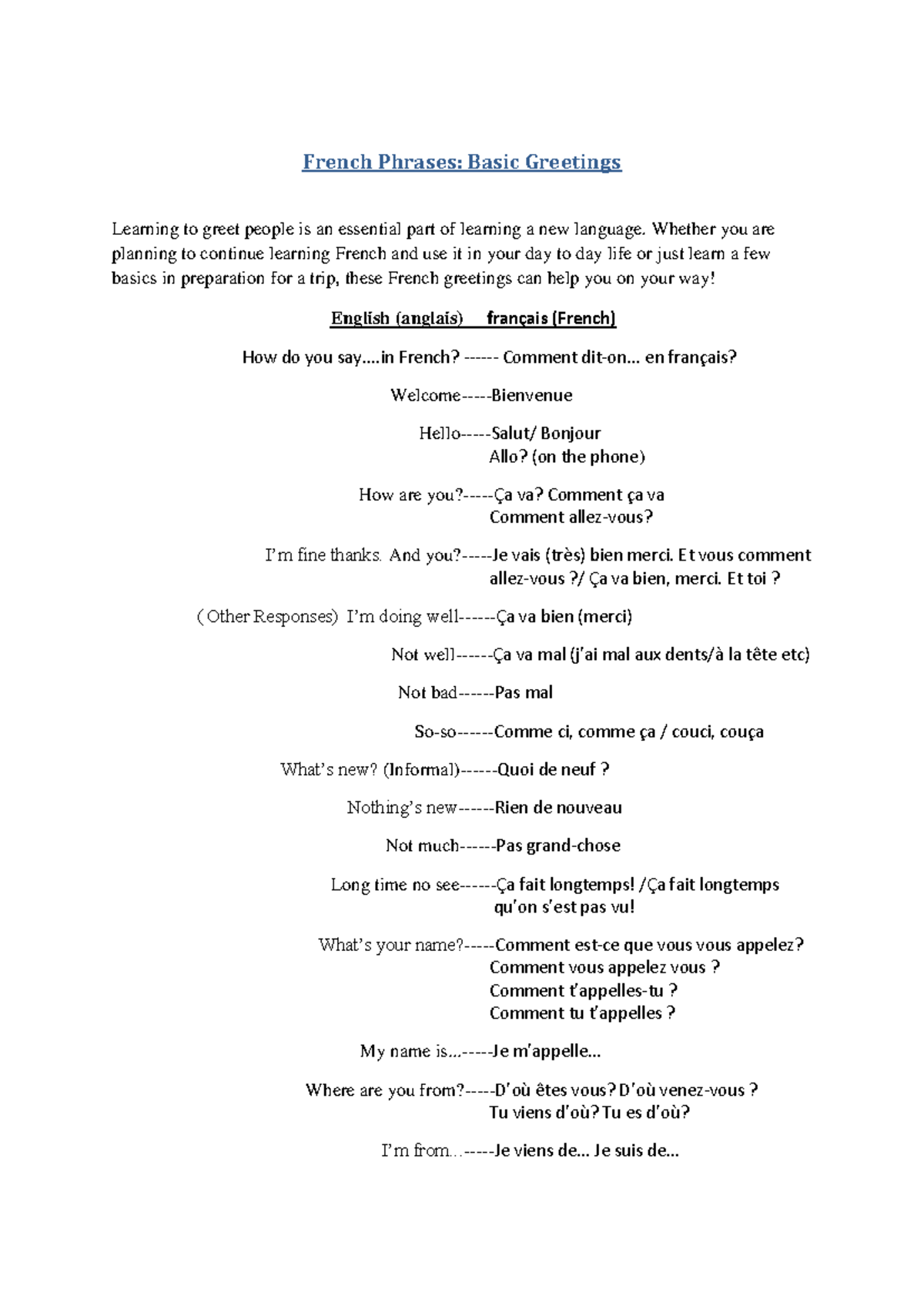 French Greetings: Essential Phrases for Beginners (124311) - Studocu