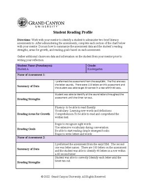 [Solved] Part 1 Literacy Assessments and Student Reading - Early Childhood Phonics and Science ...