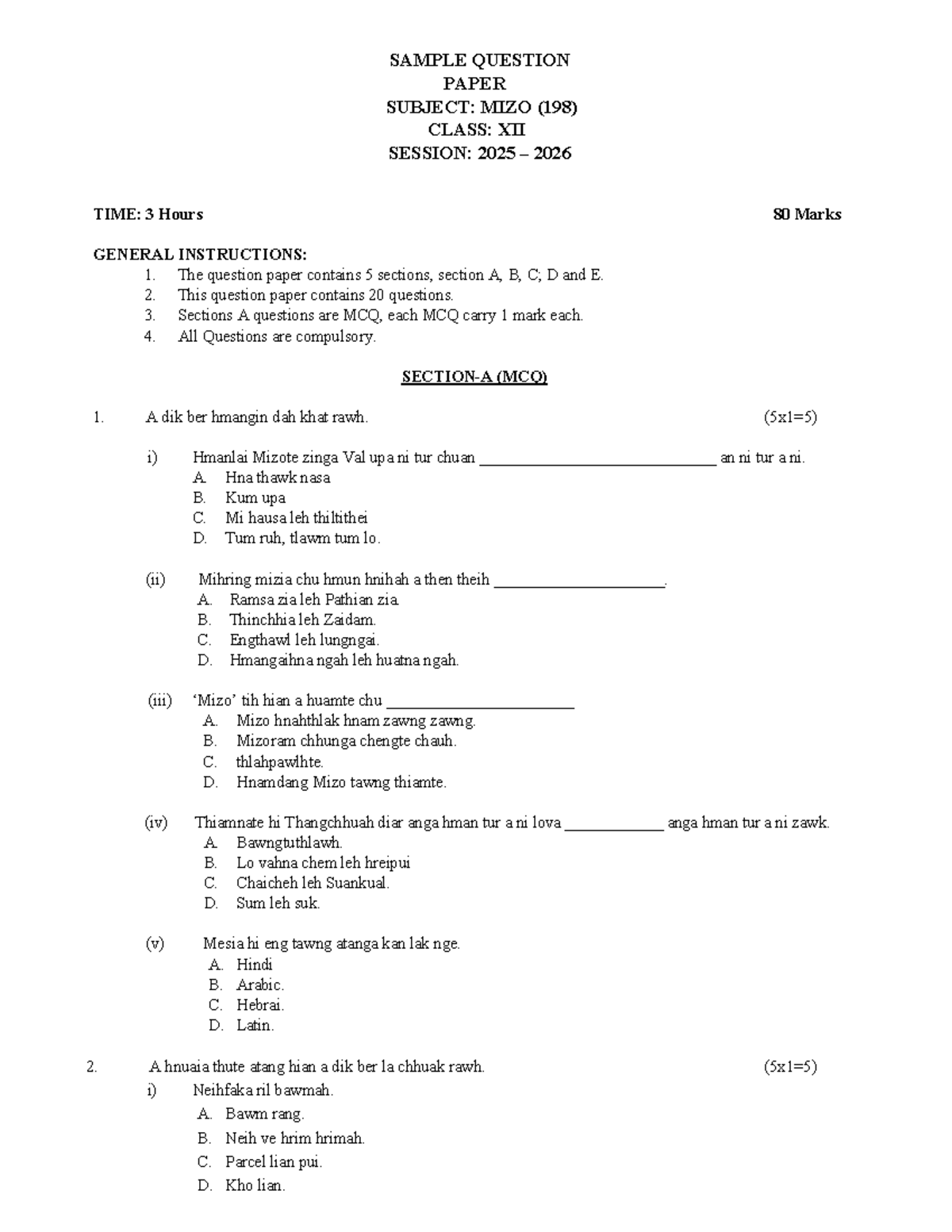 MIZO (198) XII - Sample Question Paper for Session 2025-2026 - Studocu