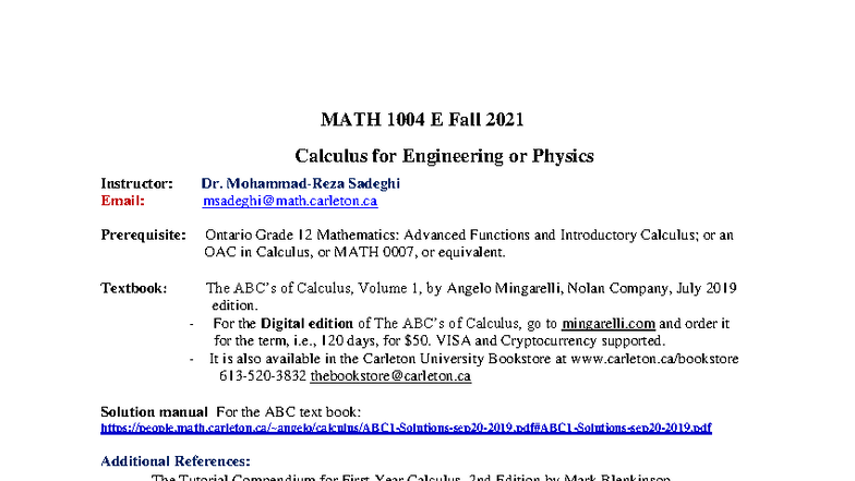 MATH 1004 E Fall 2021 Course Outline: Calculus for Engineering & Physics - Studocu