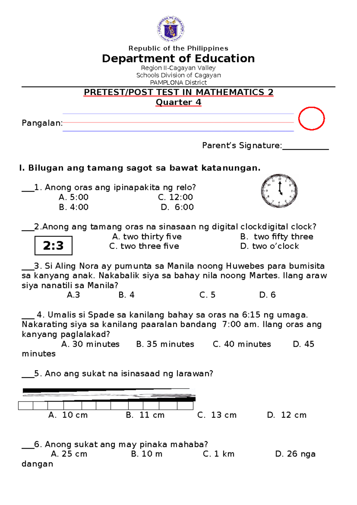 MATH2-Q4- Filipino-Pre-TEst - 2: Republic of the Philippines Department ...