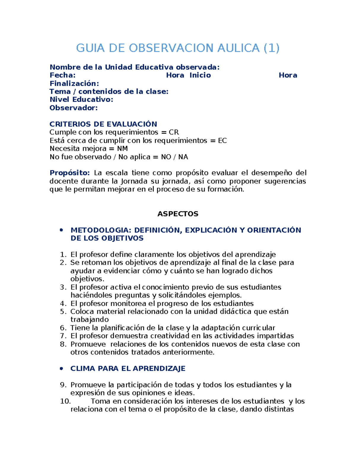GUIA DE Observacion Aulica - GUIA DE OBSERVACION AULICA (1) Nombre de ...