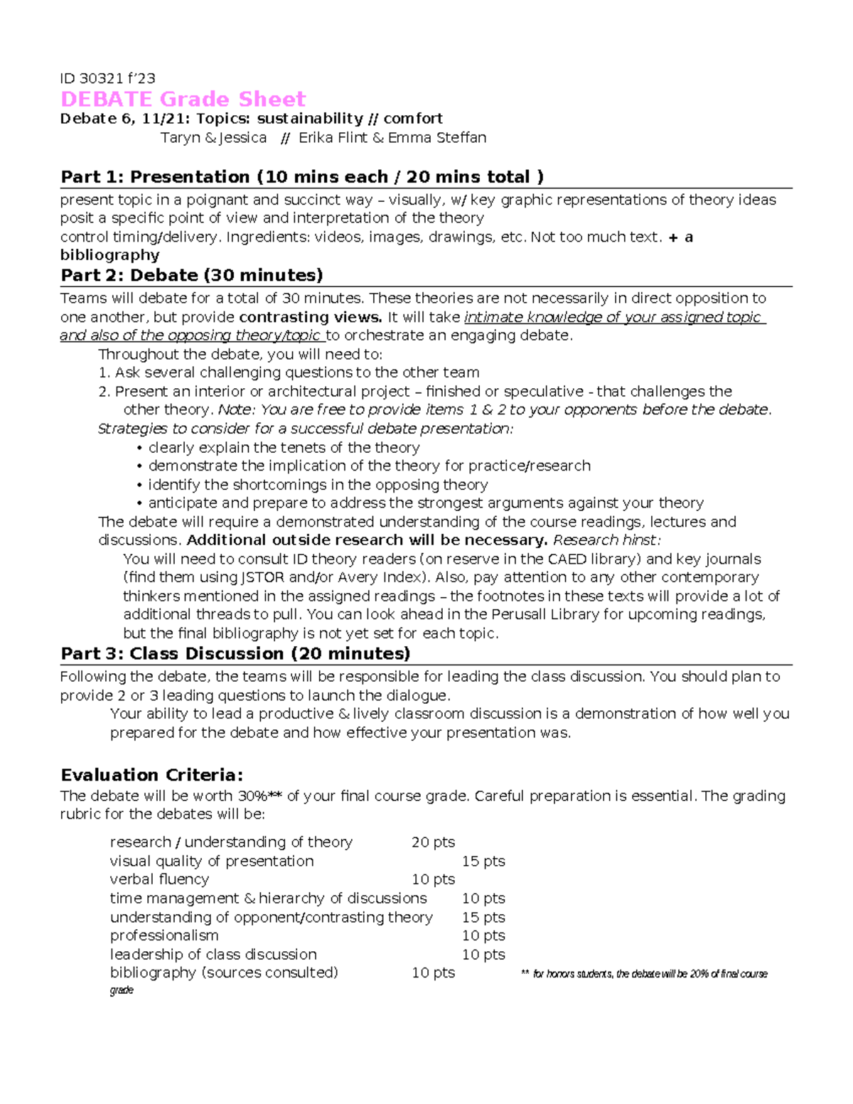 ID 30321 Debate Presentation & Grading Criteria 2023 - Studocu