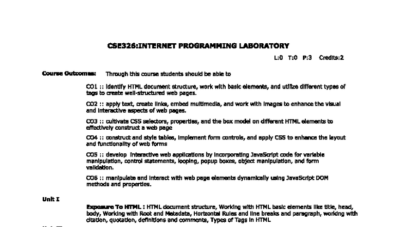 CSE 326 Syllabus - HTML - CSE326:INTERNET PROGRAMMING LABORATORY L:0 T ...