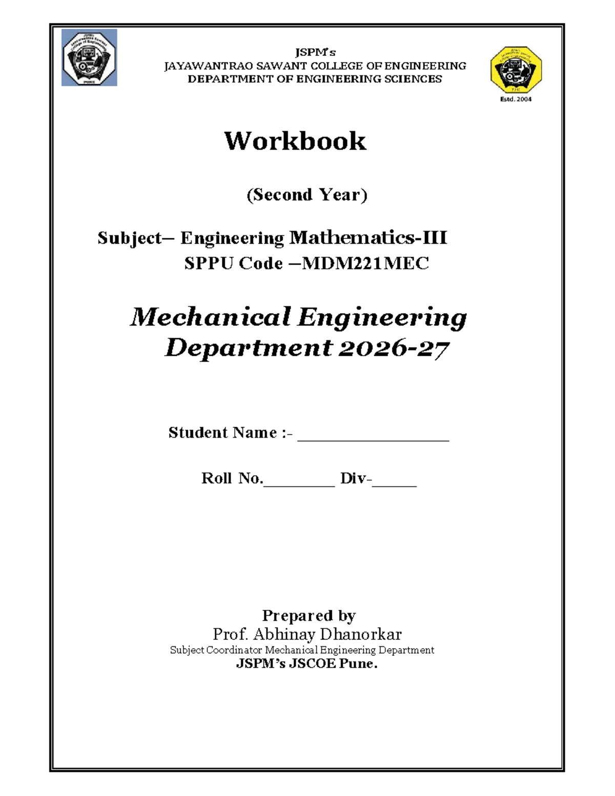 SPPU ME 2nd Year Workbook: Linear Differential Equations & Applications ...