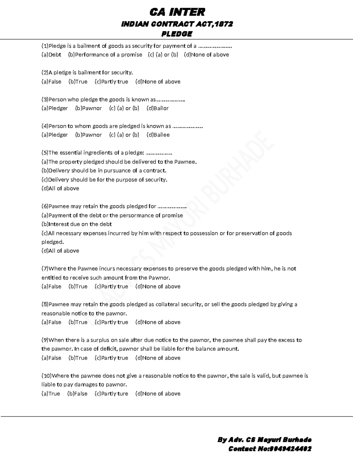 CA INTER: Indian Contract Act, 1872 - Pledge MCQ Sheet - Studocu