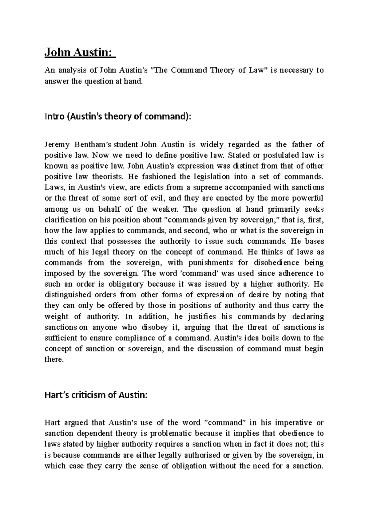 John Austin's Command Theory of Law - Final Exam Essay - Studocu