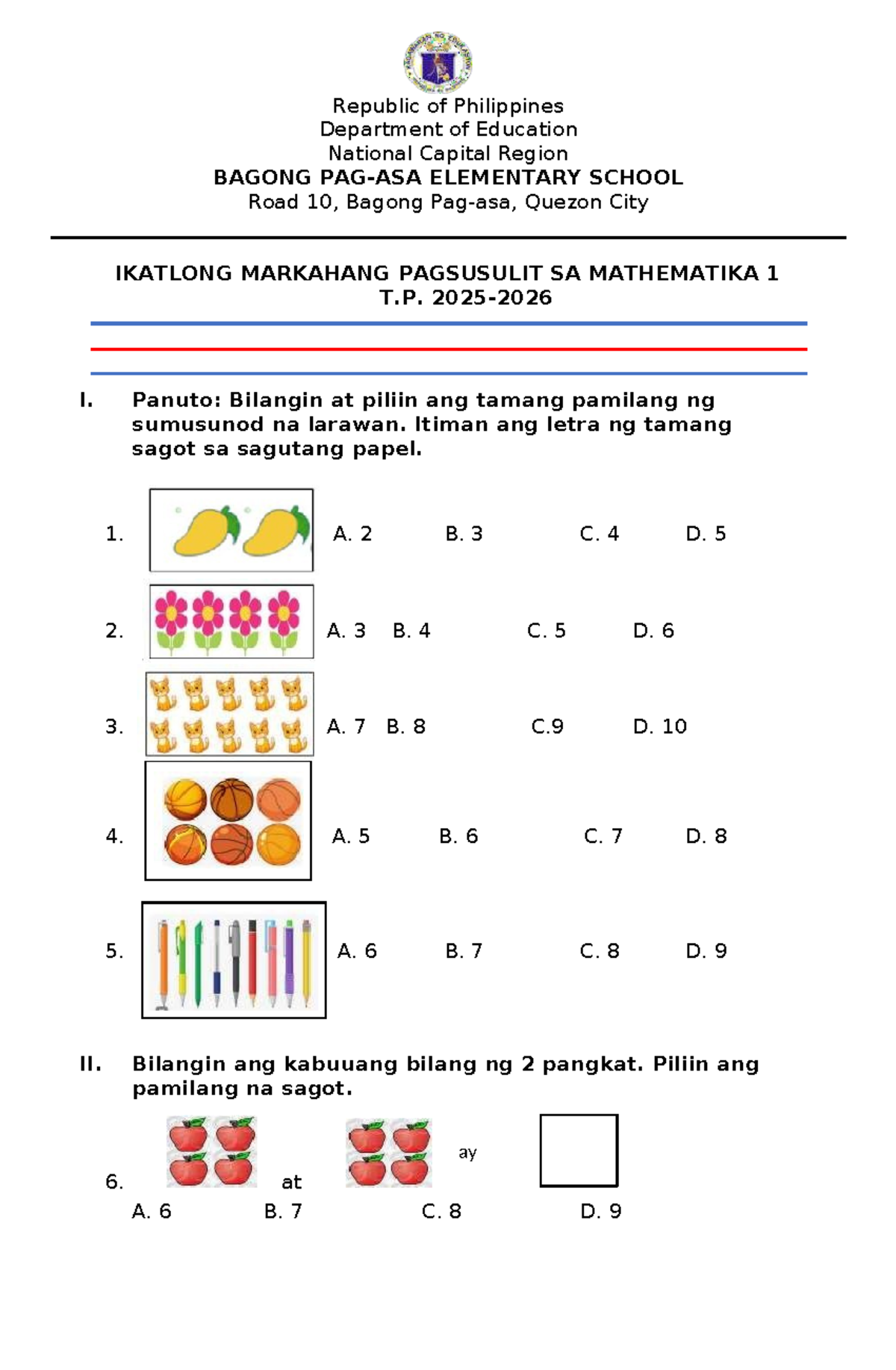 MATH-Grade 1- Ikatlong Markahang Pagsusulit sa Matematika - Studocu