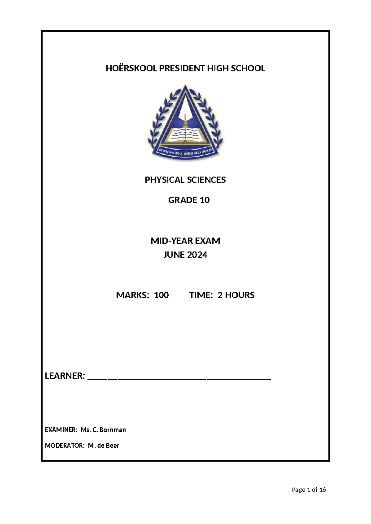Physical Sciences Grade 10 Term 2 Exam Paper 2024 - Studocu