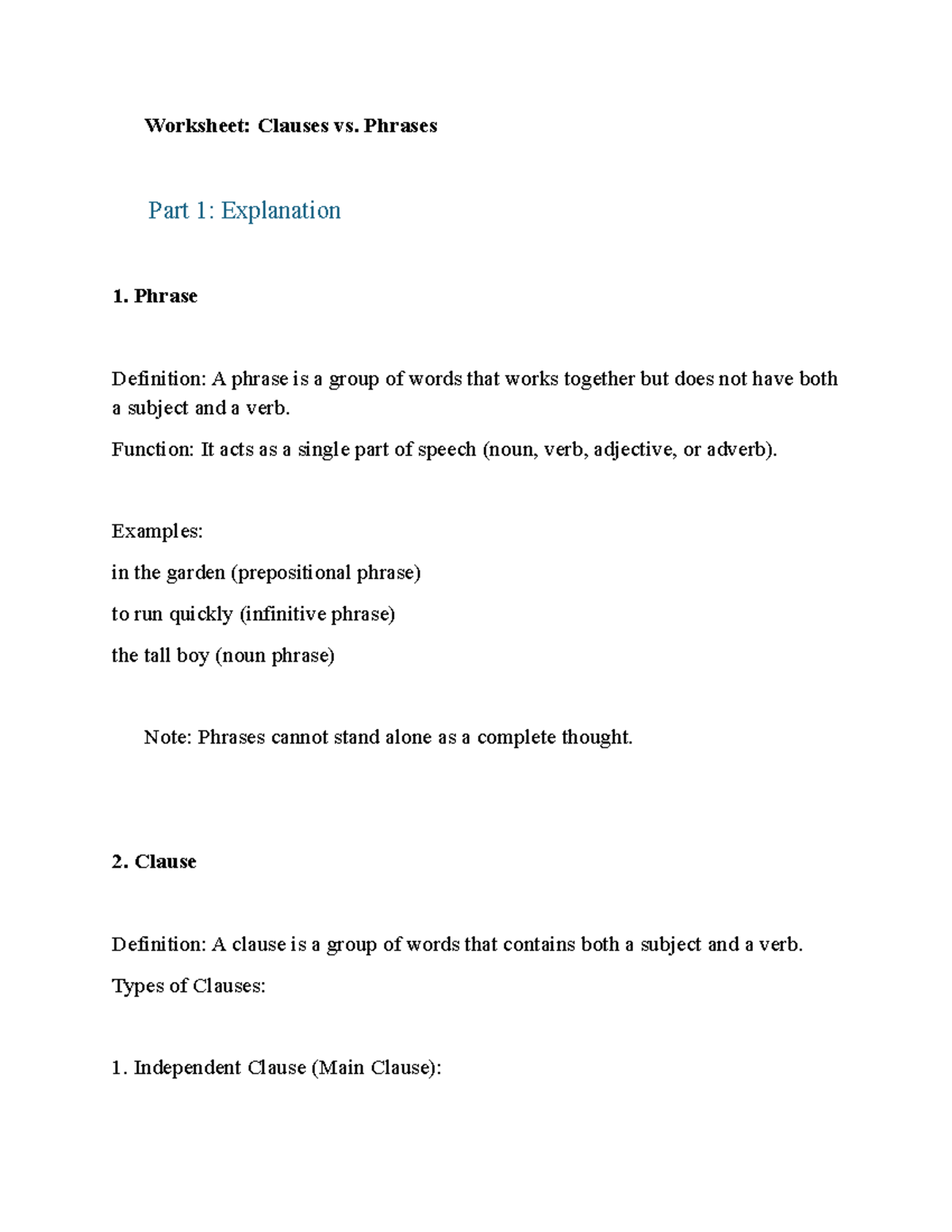 Worksheet: Clauses vs. Phrases (Part 1) - Explanation & Exercises - Studocu