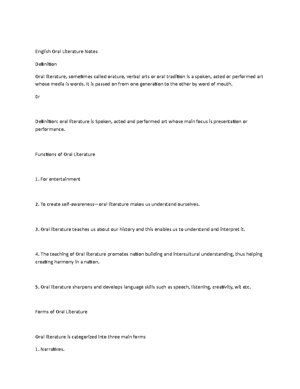 ENG 101: Revision Notes on Oral Literature Concepts and Functions - Studocu