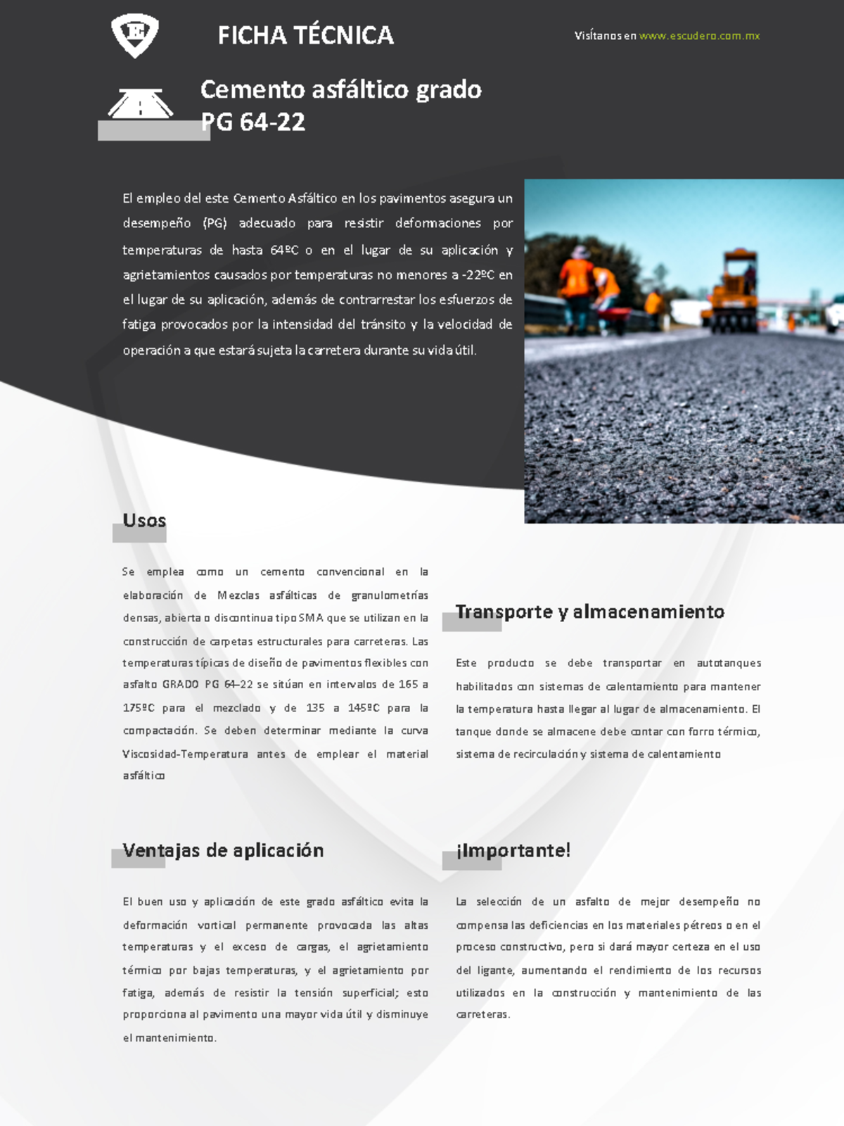 Ficha Técnica del Cemento Asfáltico PG 64-22 de Escudero Asfaltos - Studocu